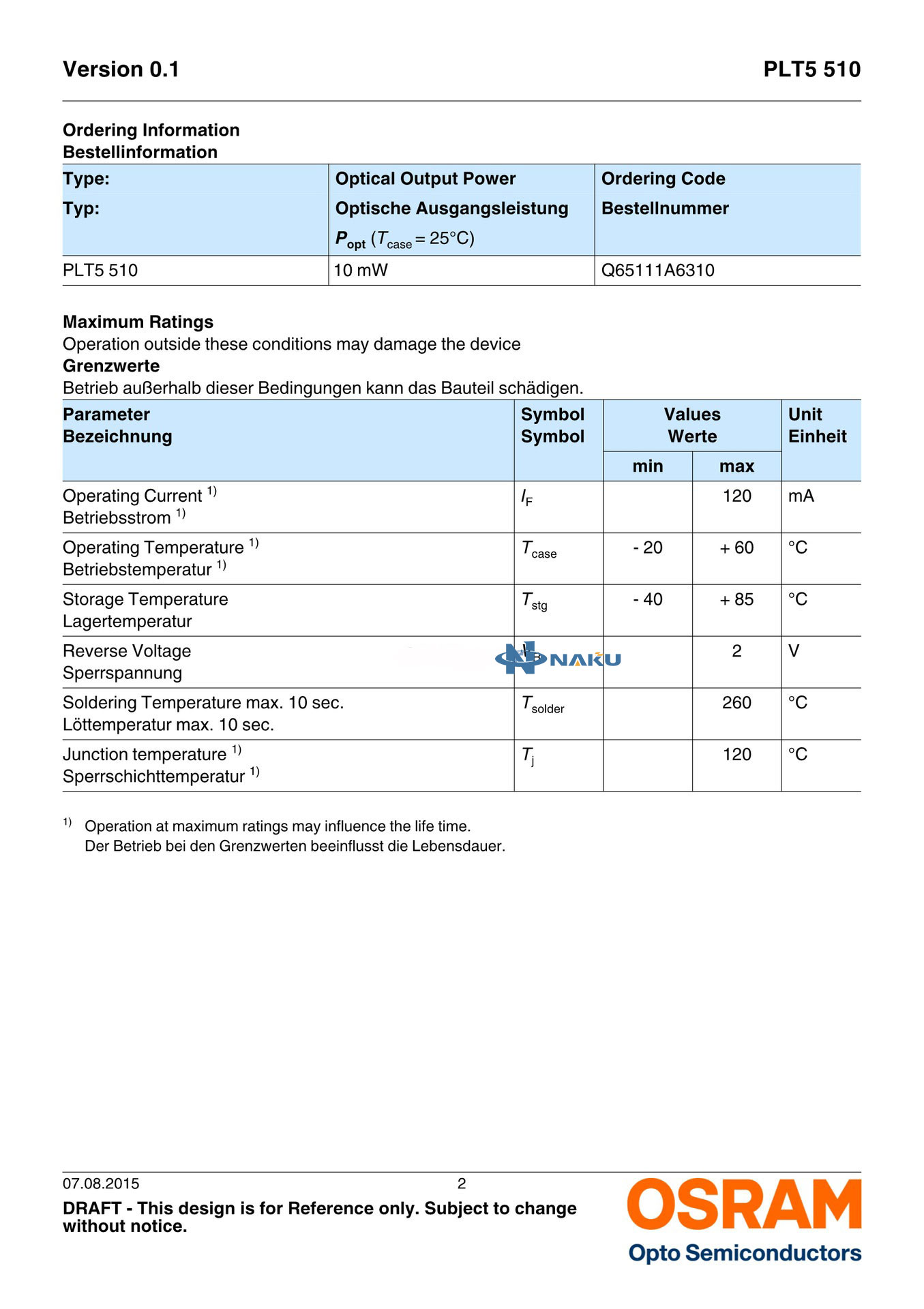 510nm 10mW 15mW 欧司朗 LD PTL5 510 TO56 绿色激光二极管