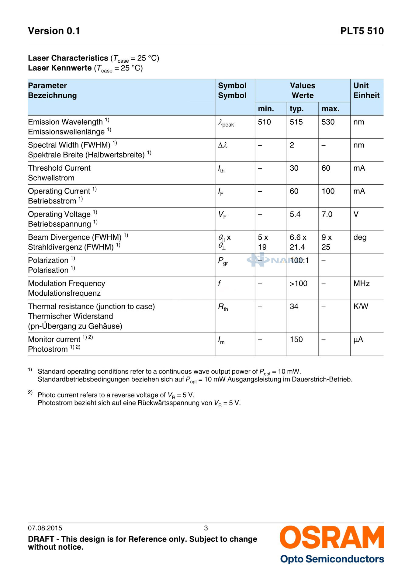 510nm 10mW 15mW 欧司朗 LD PTL5 510 TO56 绿色激光二极管
