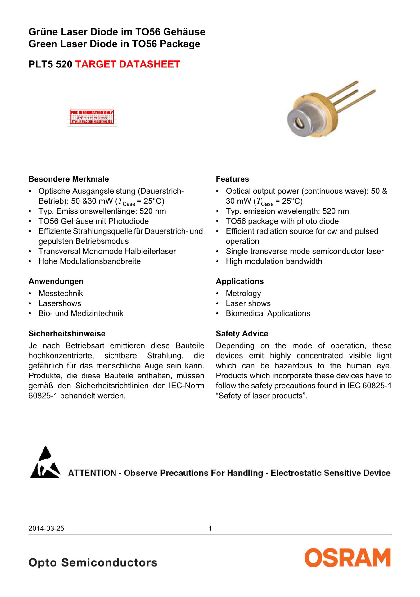 520nm 50mW 绿色激光二极管 欧司朗 LD PLT5 520 TO56